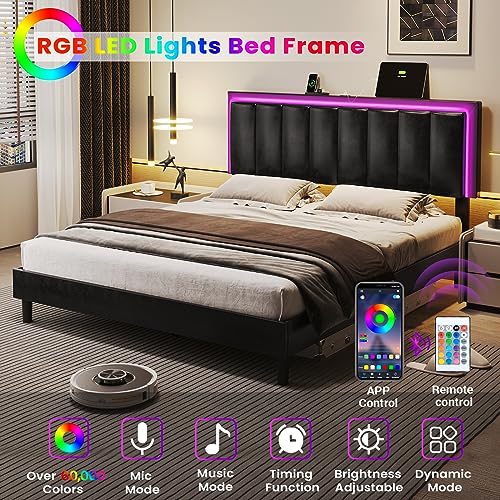 DICTAC Queen Bed Frame with LED Lights Headboard Modern Upholstered Platform LED Bed Frame Faux Leather Low Profile Platform Bed Frame,Wooden Slats Support, No Box Spring Needed, Easy Assembly, Black