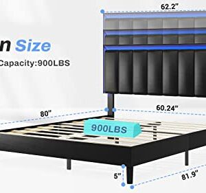 DICTAC Queen Bed Frame with LED Lights Headboard Modern Upholstered Platform LED Bed Frame Faux Leather Low Profile Platform Bed Frame,Wooden Slats Support, No Box Spring Needed, Easy Assembly, Black