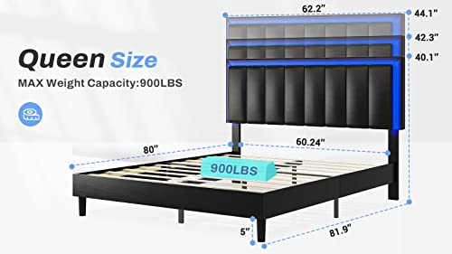 DICTAC Queen Bed Frame with LED Lights Headboard Modern Upholstered Platform LED Bed Frame Faux Leather Low Profile Platform Bed Frame,Wooden Slats Support, No Box Spring Needed, Easy Assembly, Black