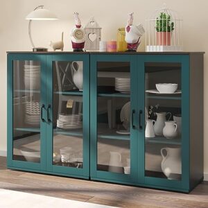 Vrullu Storage Cabinet, Teal Free Standing Buffet Cabinet, Accent Kitchen Cabinet with Tempered Glass Doors, Wood Display Cabinet with Adjustable Shelf for Living Room, Dining Room, Hallway (1, Green)