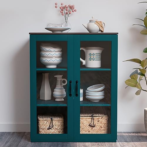 Vrullu Storage Cabinet, Teal Free Standing Buffet Cabinet, Accent Kitchen Cabinet with Tempered Glass Doors, Wood Display Cabinet with Adjustable Shelf for Living Room, Dining Room, Hallway (1, Green)