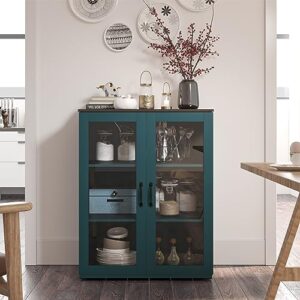 Vrullu Storage Cabinet, Teal Free Standing Buffet Cabinet, Accent Kitchen Cabinet with Tempered Glass Doors, Wood Display Cabinet with Adjustable Shelf for Living Room, Dining Room, Hallway (1, Green)