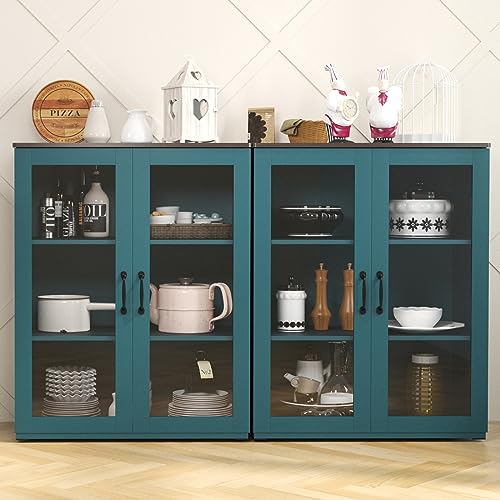 Vrullu Storage Cabinet, Teal Free Standing Buffet Cabinet, Accent Kitchen Cabinet with Tempered Glass Doors, Wood Display Cabinet with Adjustable Shelf for Living Room, Dining Room, Hallway (1, Green)