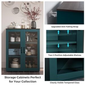 Vrullu Storage Cabinet, Teal Free Standing Buffet Cabinet, Accent Kitchen Cabinet with Tempered Glass Doors, Wood Display Cabinet with Adjustable Shelf for Living Room, Dining Room, Hallway (1, Green)