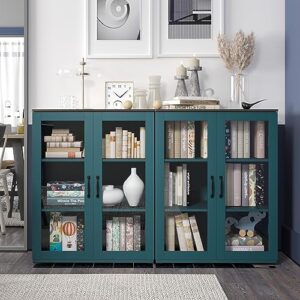 Vrullu Storage Cabinet, Teal Free Standing Buffet Cabinet, Accent Kitchen Cabinet with Tempered Glass Doors, Wood Display Cabinet with Adjustable Shelf for Living Room, Dining Room, Hallway (1, Green)