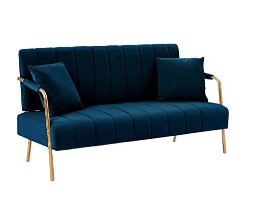 Modern Upholstered Velvet Loveseat Sofa: 60" Mid Century 2 Seater Sofa - Cashmere Sofa Couch with 2 Pillows - Gold Metal Legs - Small Spaces Bedroom Apartment Office Living Room (Dark Blue)