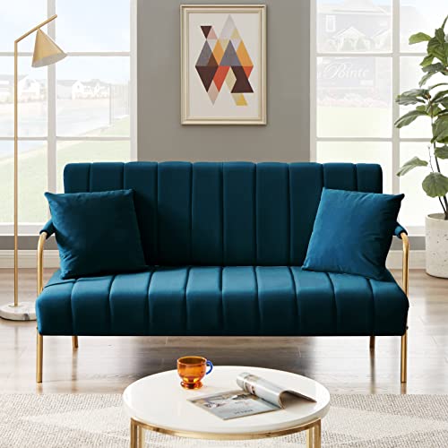 Modern Upholstered Velvet Loveseat Sofa: 60" Mid Century 2 Seater Sofa - Cashmere Sofa Couch with 2 Pillows - Gold Metal Legs - Small Spaces Bedroom Apartment Office Living Room (Dark Blue)