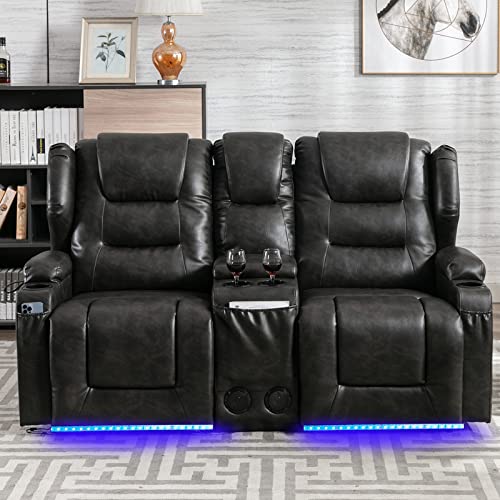 SAMERY Electric Home Theater Seating- Power Recline Chair Loveseat RV Sofa with Console, 67" Double Recliner 2-Seater RV Couch with Storage/USB Charging/Lighting/Cup Holders for Living Room