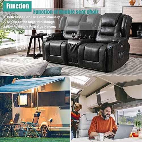 SAMERY Electric Home Theater Seating- Power Recline Chair Loveseat RV Sofa with Console, 67" Double Recliner 2-Seater RV Couch with Storage/USB Charging/Lighting/Cup Holders for Living Room