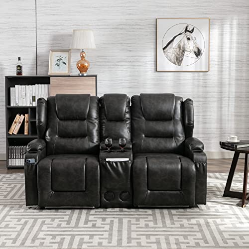 SAMERY Electric Home Theater Seating- Power Recline Chair Loveseat RV Sofa with Console, 67" Double Recliner 2-Seater RV Couch with Storage/USB Charging/Lighting/Cup Holders for Living Room