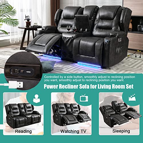 SAMERY Electric Home Theater Seating- Power Recline Chair Loveseat RV Sofa with Console, 67" Double Recliner 2-Seater RV Couch with Storage/USB Charging/Lighting/Cup Holders for Living Room