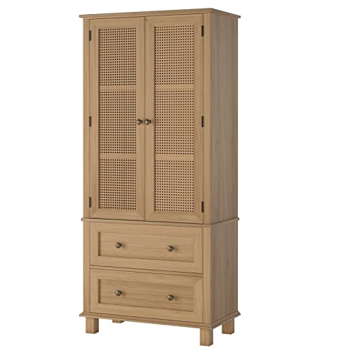 FOTOSOK Kitchen Pantry Storage Cabinet, Tall Cabinet with Rattan Doors and 2 Drawers, Freestanding Cupboard with Adjustable Shelves, Utility Pantry for Kitchen, Dining Room,Walnut