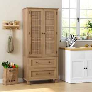 FOTOSOK Kitchen Pantry Storage Cabinet, Tall Cabinet with Rattan Doors and 2 Drawers, Freestanding Cupboard with Adjustable Shelves, Utility Pantry for Kitchen, Dining Room,Walnut