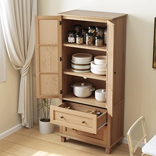 FOTOSOK Kitchen Pantry Storage Cabinet, Tall Cabinet with Rattan Doors and 2 Drawers, Freestanding Cupboard with Adjustable Shelves, Utility Pantry for Kitchen, Dining Room,Walnut