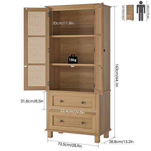 FOTOSOK Kitchen Pantry Storage Cabinet, Tall Cabinet with Rattan Doors and 2 Drawers, Freestanding Cupboard with Adjustable Shelves, Utility Pantry for Kitchen, Dining Room,Walnut