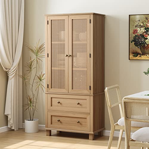 FOTOSOK Kitchen Pantry Storage Cabinet, Tall Cabinet with Rattan Doors and 2 Drawers, Freestanding Cupboard with Adjustable Shelves, Utility Pantry for Kitchen, Dining Room,Walnut