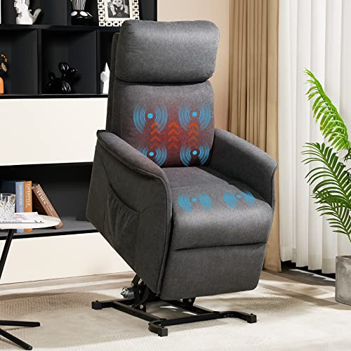 Power Lift Recliner Chair for Elderly, Lift Chair with Heat and Massage, 3 Positions Fabric Recliner Chair Sofa with 2 Side Pockets & Remote Control for Living Room (Grey)