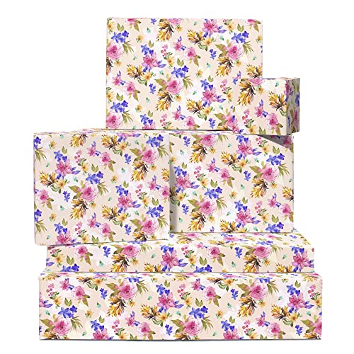 CENTRAL 23 Pretty Wrapping Paper For Women - 6 Thick Gift Wrap Sheet - Floral Wrapping Paper - Pink Purple Flowers - For Birthday Bridal Shower Anniversary - Comes With Fun Stickers