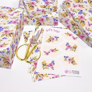 CENTRAL 23 Pretty Wrapping Paper For Women - 6 Thick Gift Wrap Sheet - Floral Wrapping Paper - Pink Purple Flowers - For Birthday Bridal Shower Anniversary - Comes With Fun Stickers