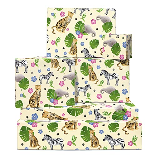 CENTRAL 23 Safari Wrapping Paper - 6 Sheets Beige Gift Wrap - Elephant Cheetah Zebra - Cute Animal Print Wrapping Paper - Comes With Fun Stickers