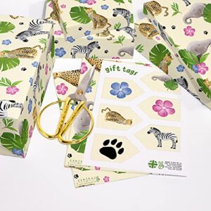 CENTRAL 23 Safari Wrapping Paper - 6 Sheets Beige Gift Wrap - Elephant Cheetah Zebra - Cute Animal Print Wrapping Paper - Comes With Fun Stickers