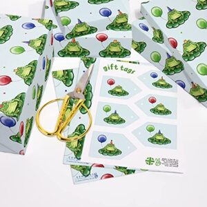 CENTRAL 23 Happy Birthday Wrapping Paper - Birthday Frog - 6 Sheets Green Gift Wrap - For Men And Women Boys Girls - Cute Wrapping Paper - Comes With Fun Stickers