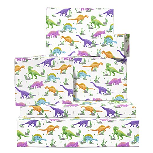 CENTRAL 23 Dinosaur Wrapping Paper Birthday Boy Girl - 6 White Gift Wrap - Cute Wrapping Paper For Kids - Pink Purple Orange Dinosaurs - Comes With Fun Stickers