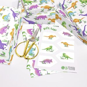 CENTRAL 23 Dinosaur Wrapping Paper Birthday Boy Girl - 6 White Gift Wrap - Cute Wrapping Paper For Kids - Pink Purple Orange Dinosaurs - Comes With Fun Stickers