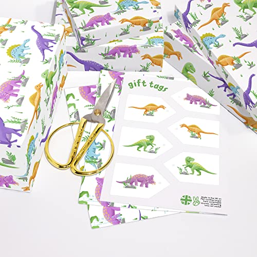 CENTRAL 23 Dinosaur Wrapping Paper Birthday Boy Girl - 6 White Gift Wrap - Cute Wrapping Paper For Kids - Pink Purple Orange Dinosaurs - Comes With Fun Stickers