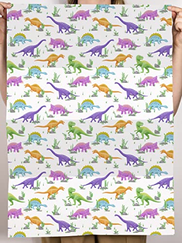 CENTRAL 23 Dinosaur Wrapping Paper Birthday Boy Girl - 6 White Gift Wrap - Cute Wrapping Paper For Kids - Pink Purple Orange Dinosaurs - Comes With Fun Stickers