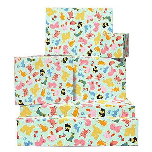 CENTRAL 23 Dog Wrapping Paper - Cat Birthday Wrapping Paper - 6 Sheets Gift Wrap - Vegan Ink - Green Birthday Gift Wrap - Pastel Color - Comes With Cute Stickers