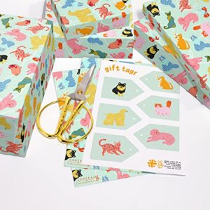 CENTRAL 23 Dog Wrapping Paper - Cat Birthday Wrapping Paper - 6 Sheets Gift Wrap - Vegan Ink - Green Birthday Gift Wrap - Pastel Color - Comes With Cute Stickers