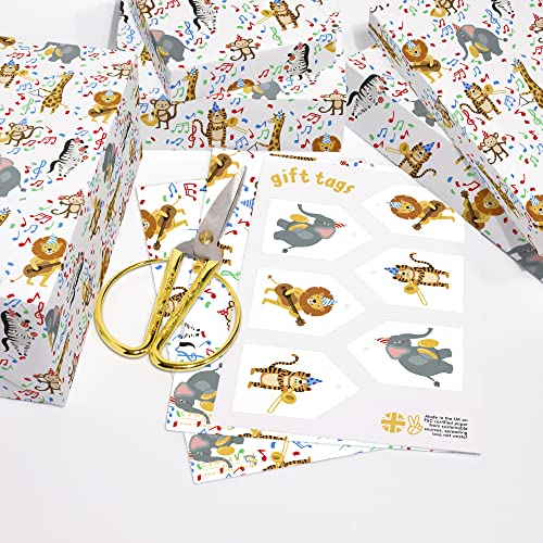 CENTRAL 23 Baby Shower Wrapping Paper Neutral - 6 White Gift Wrap Sheet - Musical Animals - Birthday Wrapping Paper Girls Boys Kids - Comes With Fun Stickers