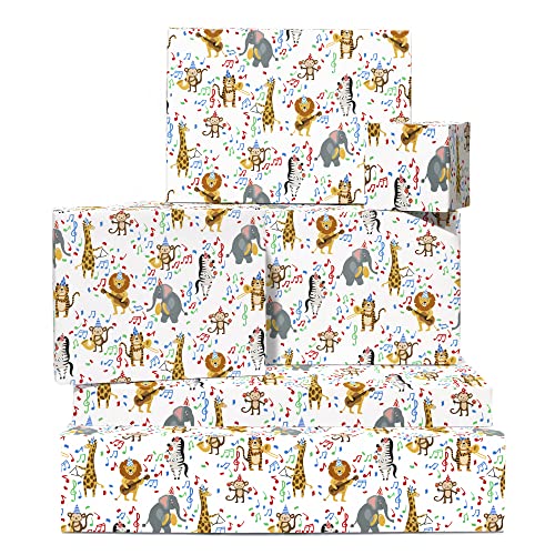 CENTRAL 23 Baby Shower Wrapping Paper Neutral - 6 White Gift Wrap Sheet - Musical Animals - Birthday Wrapping Paper Girls Boys Kids - Comes With Fun Stickers