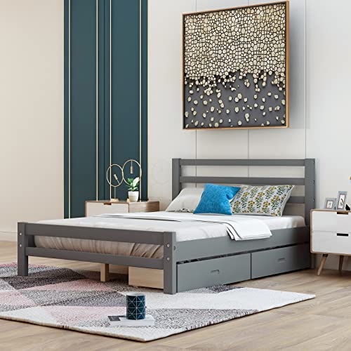 Tensun Full Size Platform Bed with Two Drawers,Full Size Bed Frame with Headboard,Platform Bed Frame with Storage,Wood Slats Support,No Box Spring Needed,for Dorm,Bedroom,Guest Room,Gray