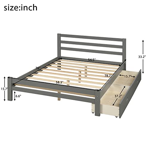 Tensun Full Size Platform Bed with Two Drawers,Full Size Bed Frame with Headboard,Platform Bed Frame with Storage,Wood Slats Support,No Box Spring Needed,for Dorm,Bedroom,Guest Room,Gray