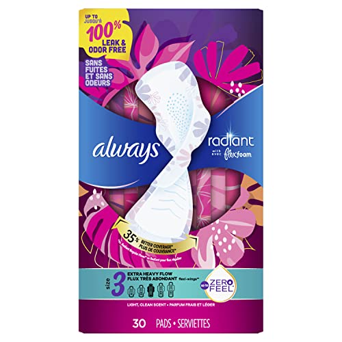 Always Radiant Feminine Pads For Women, Size 3 Extra Heavy Absorbency, With Flexfoam, With Wings, Light Clean Scent, 30 Count