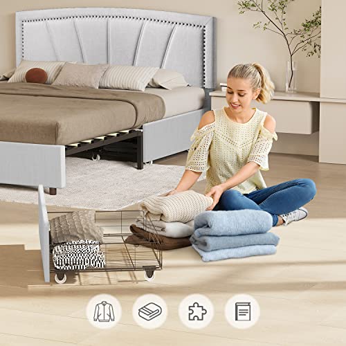 BONSOIR King Size Storage Bed Frame Upholstered Low Profile Traditional Platform with Tufted and Nail Headboard/No Box Spring Needed/4 Pull Out Drawers/Light Grey Linen Fabric (King Size)