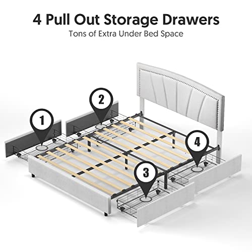 BONSOIR King Size Storage Bed Frame Upholstered Low Profile Traditional Platform with Tufted and Nail Headboard/No Box Spring Needed/4 Pull Out Drawers/Light Grey Linen Fabric (King Size)