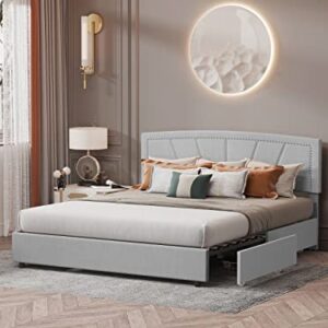 BONSOIR King Size Storage Bed Frame Upholstered Low Profile Traditional Platform with Tufted and Nail Headboard/No Box Spring Needed/4 Pull Out Drawers/Light Grey Linen Fabric (King Size)