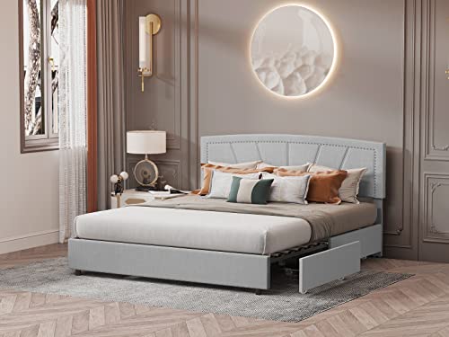 BONSOIR King Size Storage Bed Frame Upholstered Low Profile Traditional Platform with Tufted and Nail Headboard/No Box Spring Needed/4 Pull Out Drawers/Light Grey Linen Fabric (King Size)