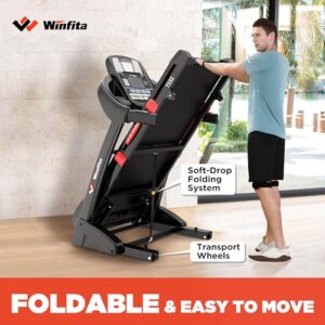 Winfita Foldable Treadmill - 15% Auto Incline, 0.6-10mph Speed, 300 lbs Capacity, Smart App, Bluetooth Speakers, USB Charging, Tablet Holder - Home & Office Fitness