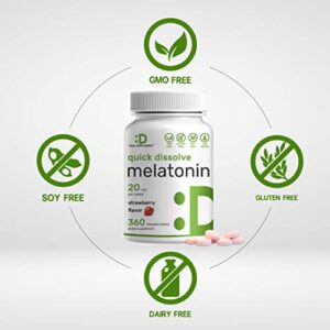 Melatonin 20mg Tablets, 360 Pill - Strawberry Flavored - Easy Consumption & Absorption | Keto, Vegan Friendly, Bulk Supply (360 Servings)