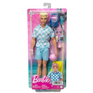 Blonde Ken Doll with Blue Button Down and Swim Trunks, Visor, Towel and Beach-Themed Accessories, HPL74