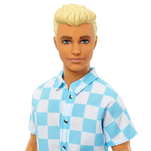 Blonde Ken Doll with Blue Button Down and Swim Trunks, Visor, Towel and Beach-Themed Accessories, HPL74