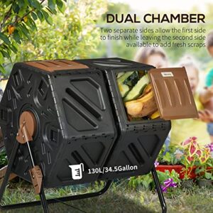 Outsunny Dual Chamber Compost Bin, Rotating Composter, Compost Tumbler with Ventilation Openings and Steel Legs, 34.5 Gallon