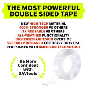 SAVtools Double Sided Tape Heavy Duty Nano Tape, 1.18 x 120 Inch, Removable & Clear, Extra Strong for Wall, Picture Hanging Carpet Decor DIY