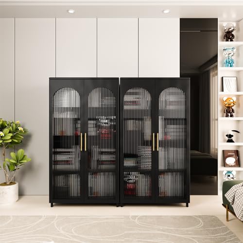 ZONLESON Storage Cabinet with Glass Doors,Accent Cabinet for Living Room,Hallway and Kitchen,Sideboard Buffet Cabinet with Glass Doors,Black Metal Cabinet (TallDoor-2)