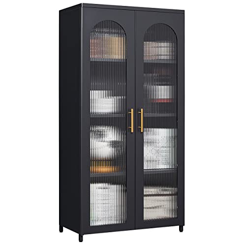 ZONLESON Storage Cabinet with Glass Doors,Accent Cabinet for Living Room,Hallway and Kitchen,Sideboard Buffet Cabinet with Glass Doors,Black Metal Cabinet (TallDoor-2)