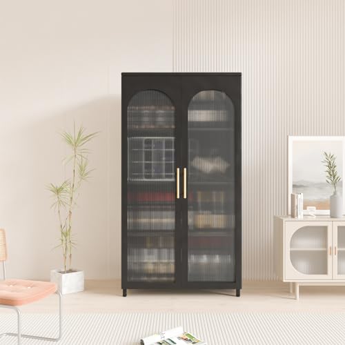 ZONLESON Storage Cabinet with Glass Doors,Accent Cabinet for Living Room,Hallway and Kitchen,Sideboard Buffet Cabinet with Glass Doors,Black Metal Cabinet (TallDoor-2)